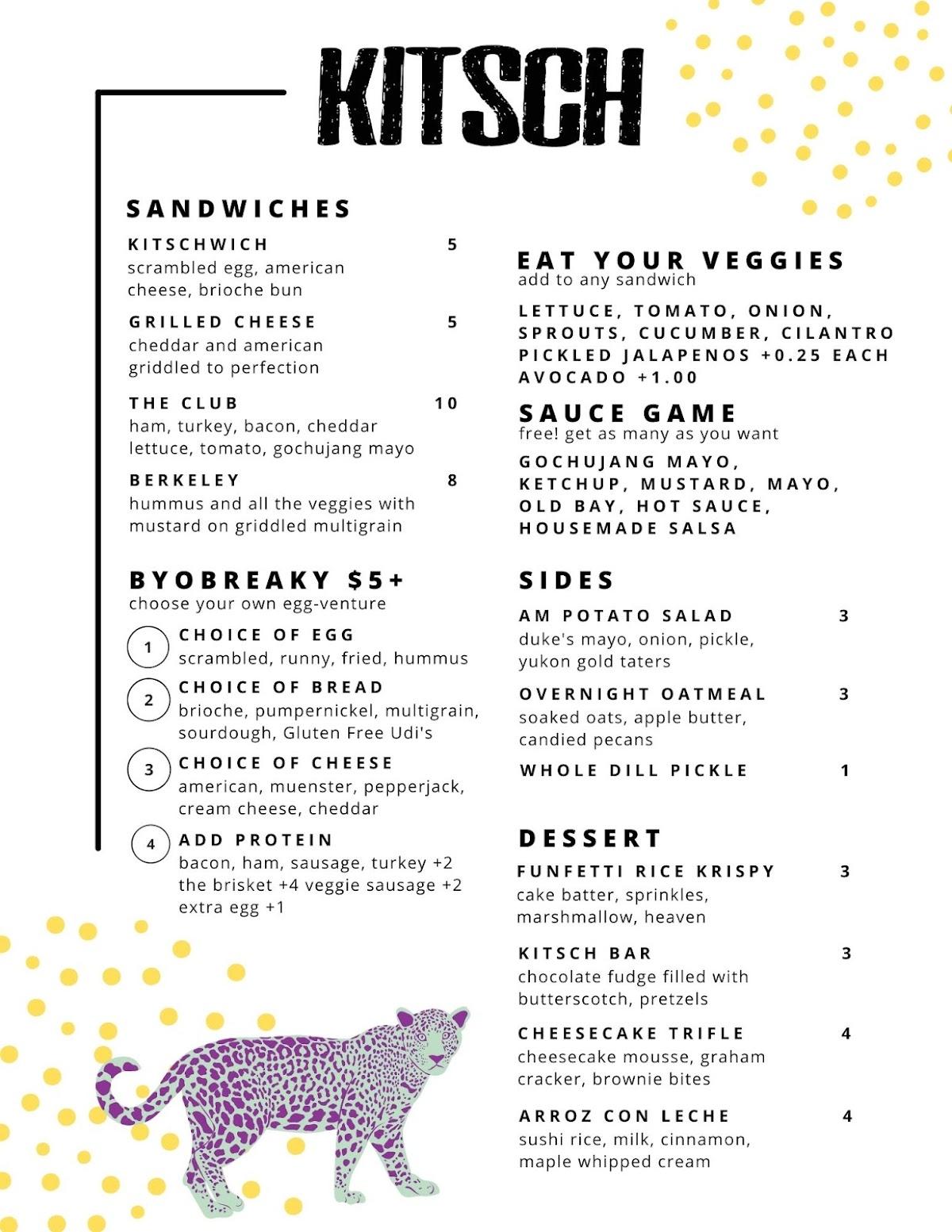 Menu at Kitsch pub & bar, Baltimore