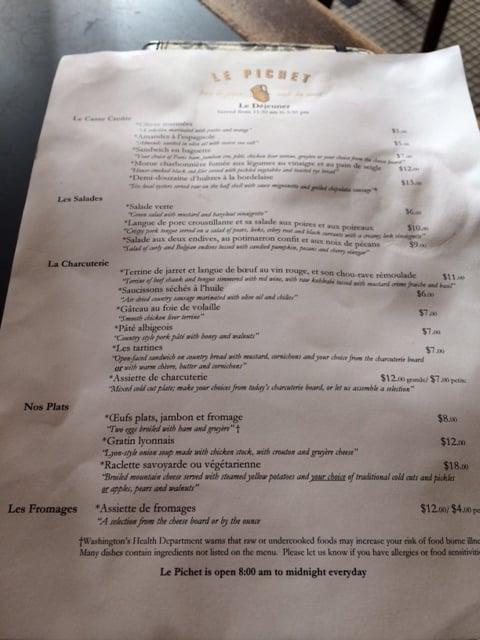 Menu at Le Pichet pub & bar, Seattle, 1st Ave