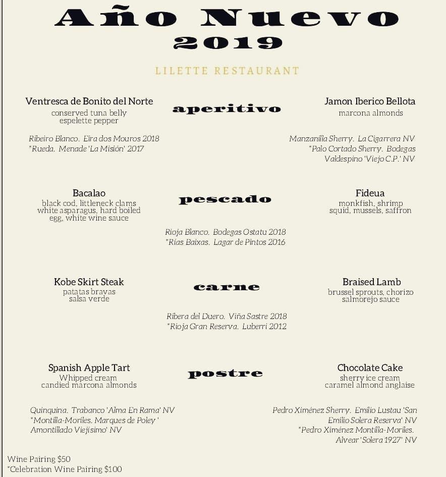Menu at Lilette restaurant, New Orleans