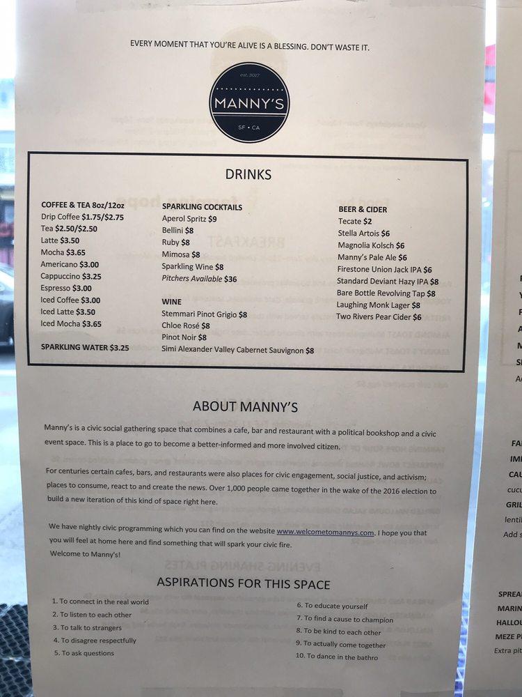 Menu at Manny’s cafe, San Francisco