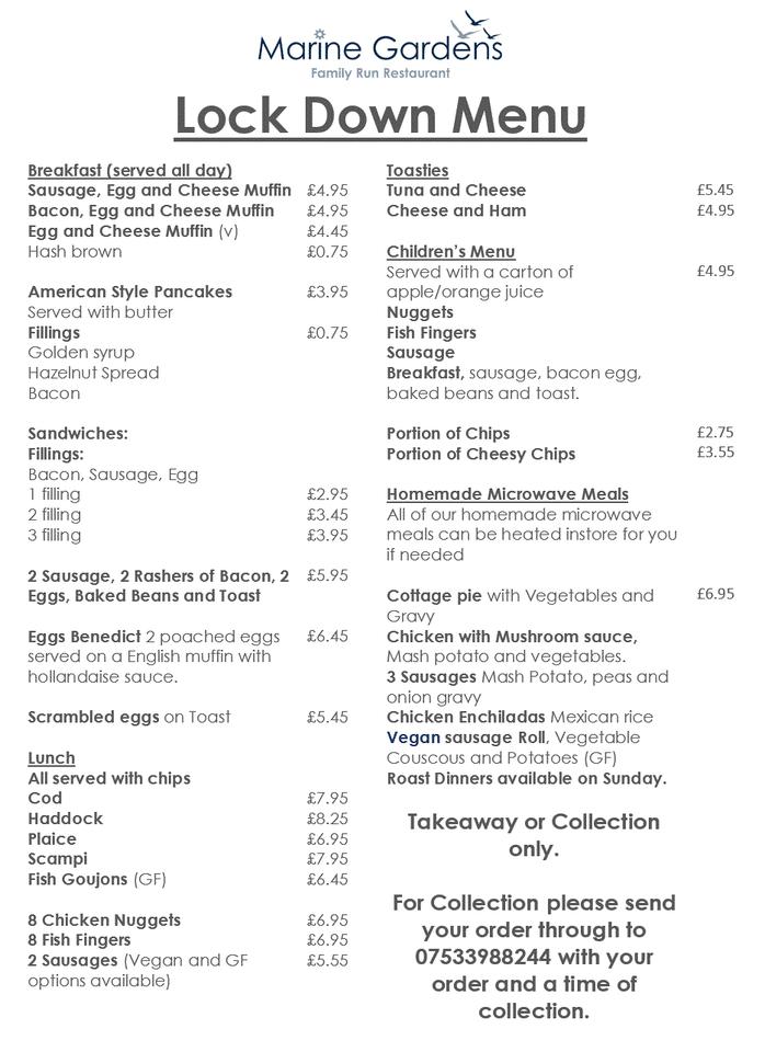 Menu at Marine Gardens Restaurant, Worthing