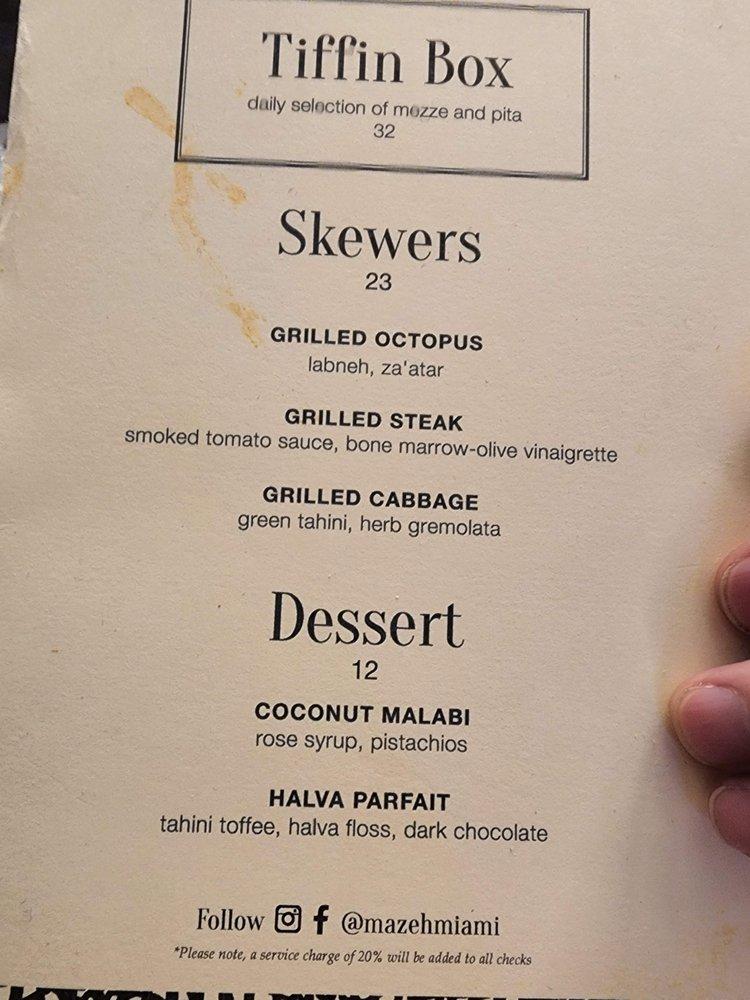 Menu at Mazeh restaurant, Miami