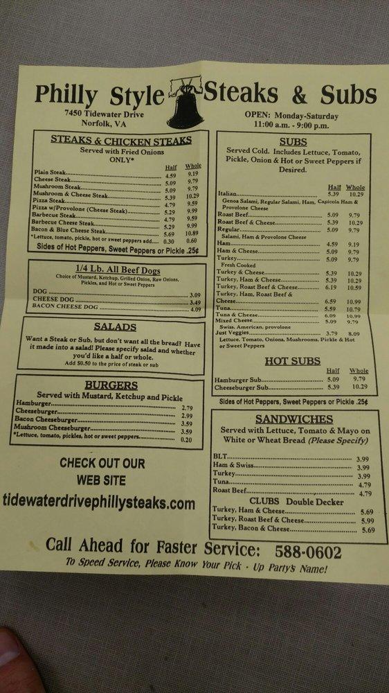 Menu at Philly Style Steaks & Subs restaurant, Norfolk, A Tidewater Dr