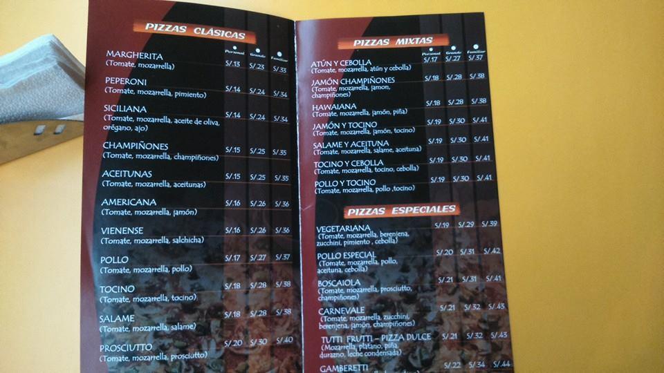 Menu at Pizzeria Macedonia, Arequipa