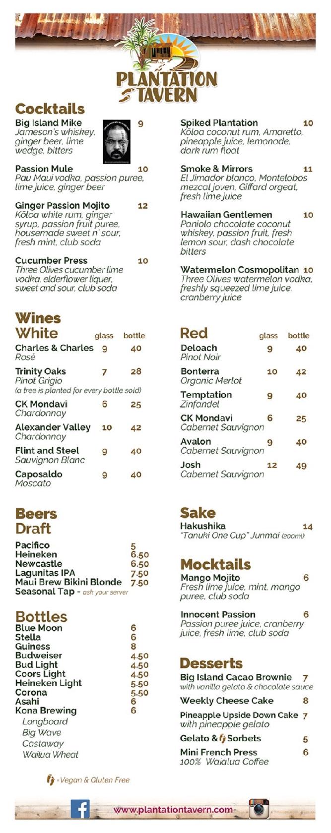 Menu at Plantation Tavern pub & bar, Kapolei, Kapolei Shopping Center