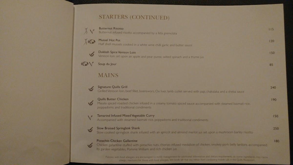 Menu at Quills Restaurant, Kempton Park