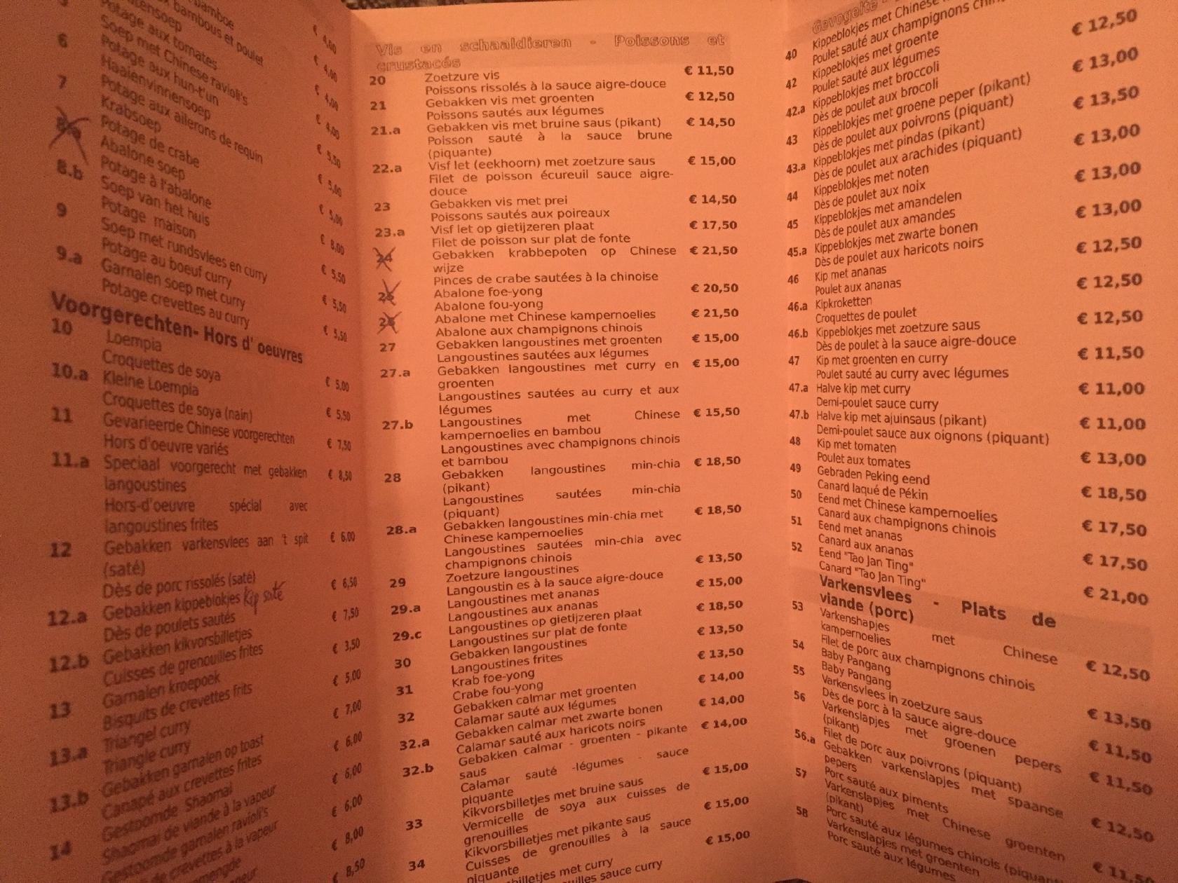 Menu au China Tao Jan Ting, Grimbergen