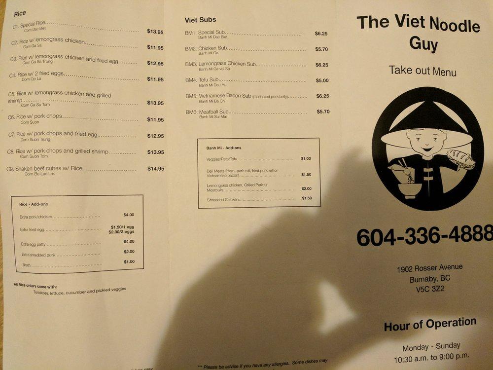 Menu at The Viet Noodle Guy restaurant, Burnaby