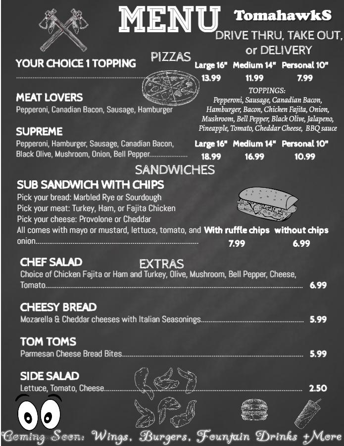 Menu at Tomahawks pizzeria, Comanche