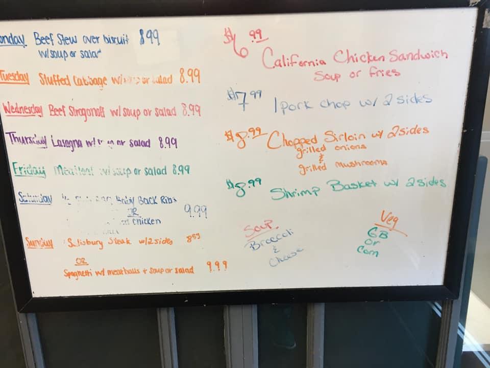 Menu at Zack's Diner restaurant, Fort Branch