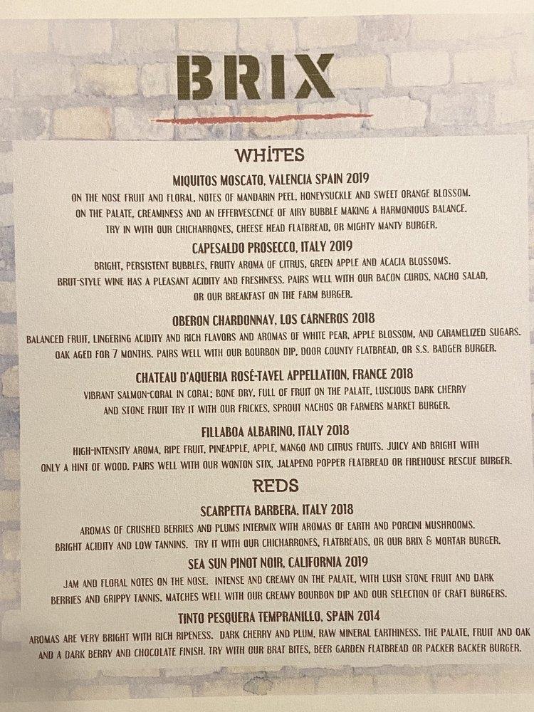 Carta del pub y bar BRIX, Manitowoc