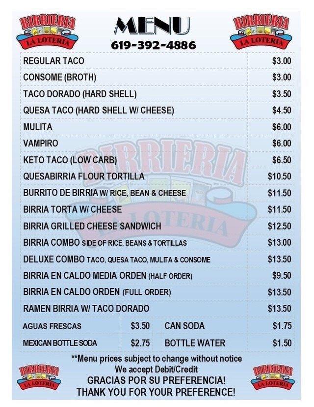 Menu at Birrieria La Loteria restaurant, Lemon Grove
