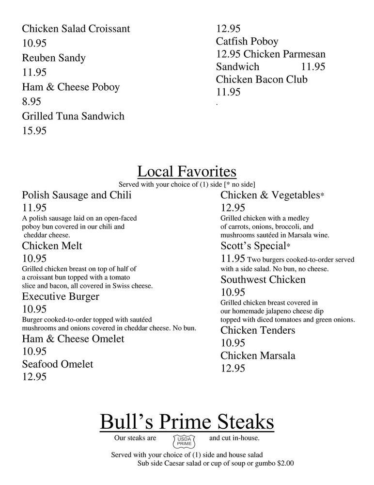 Menu at Bull's Restaurant, Long Beach