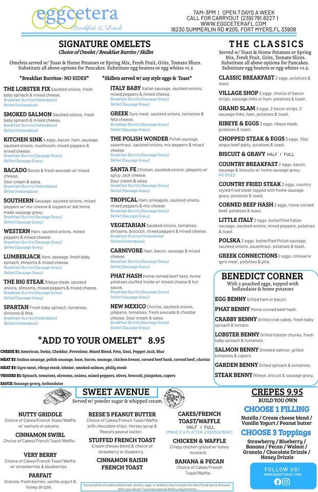 Menu at Eggcetera Breakfast & Lunch restaurant, Fort Myers