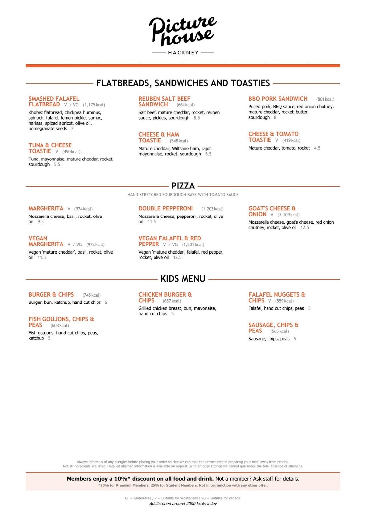 Carta del café Hackney Picturehouse, Londres