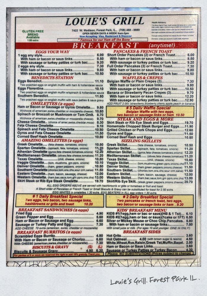 Menu at Louie's Grill restaurant, Forest Park