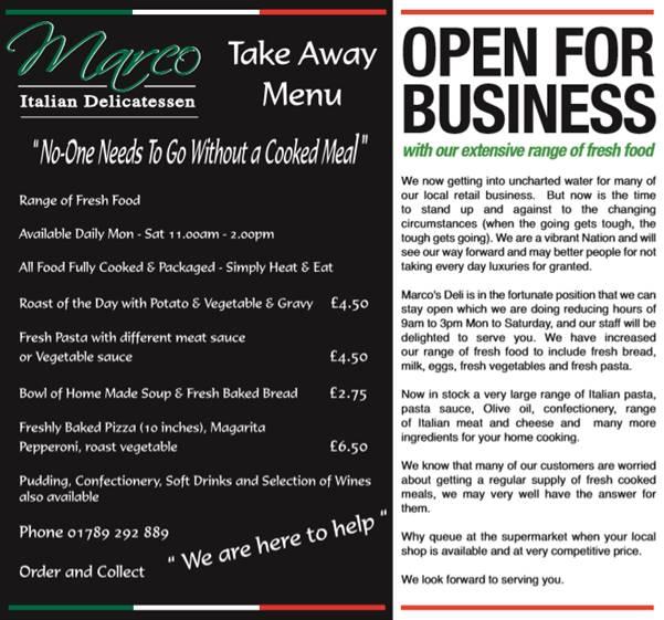 Menu at Marco's cafe, Stratford-upon-Avon