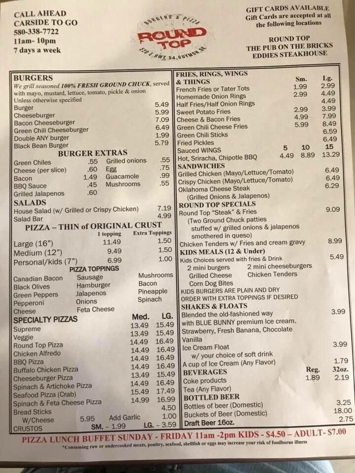 Menu at Round Top Burgers & Pizza pizzeria, Guymon