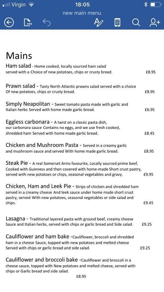 Menu at The Somerset Arms pub & bar, England, Mitchel Troy