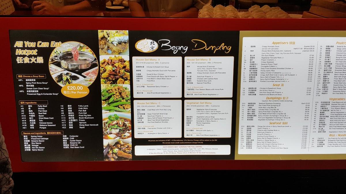 Menu at Beijing Dumpling restaurant, London