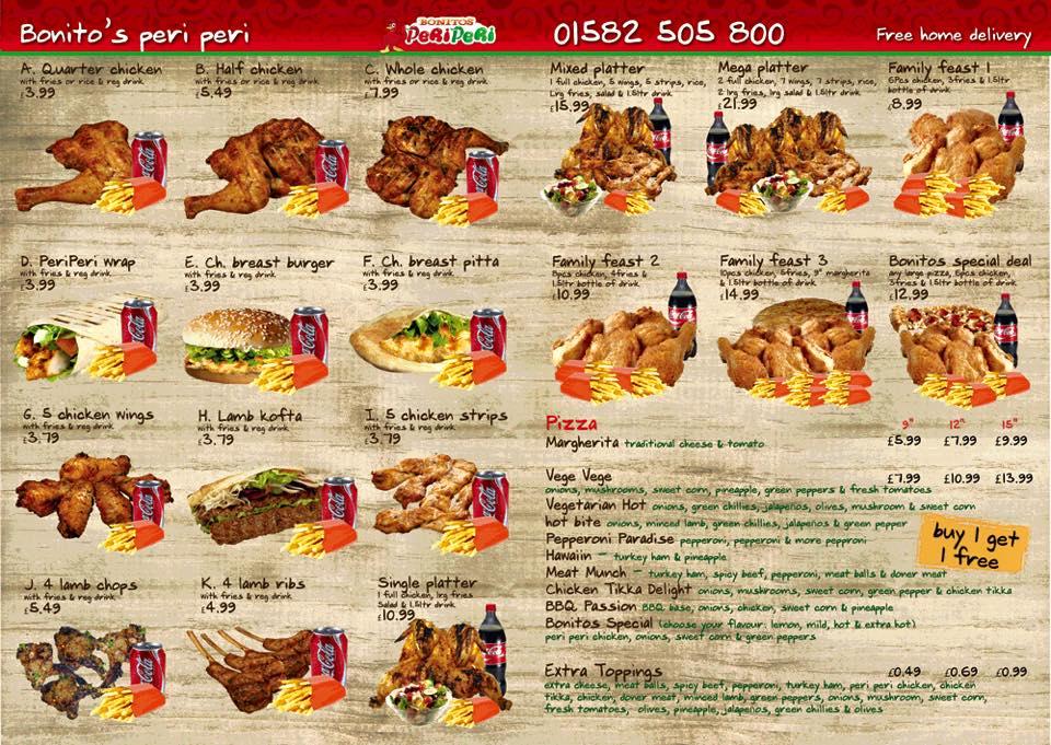 Menu at Bonitos Peri Peri restaurant, Luton