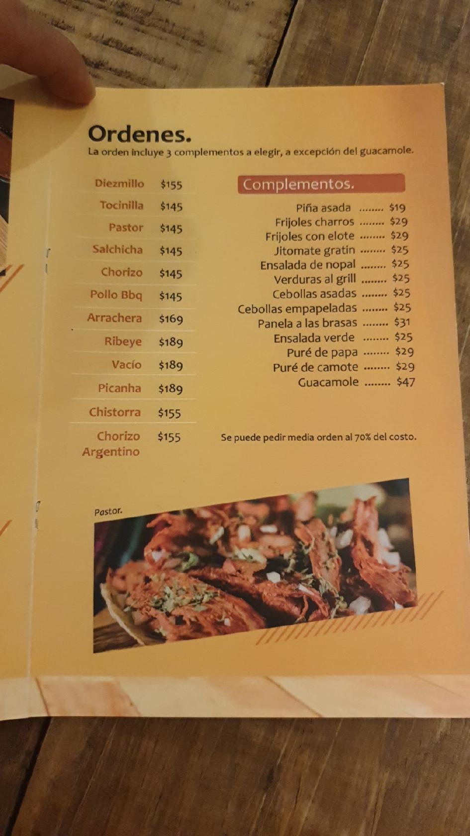 Menu at Los Varos restaurant, Colima
