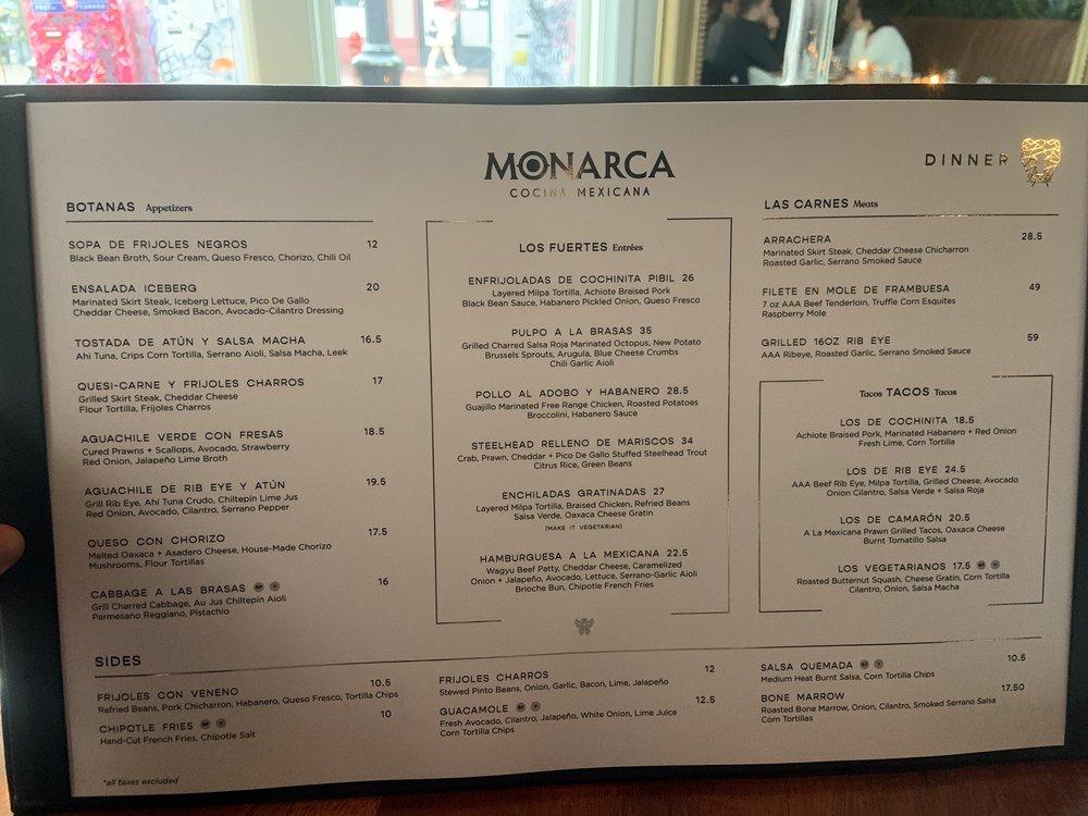 Menu at Monarca restaurant, Vancouver