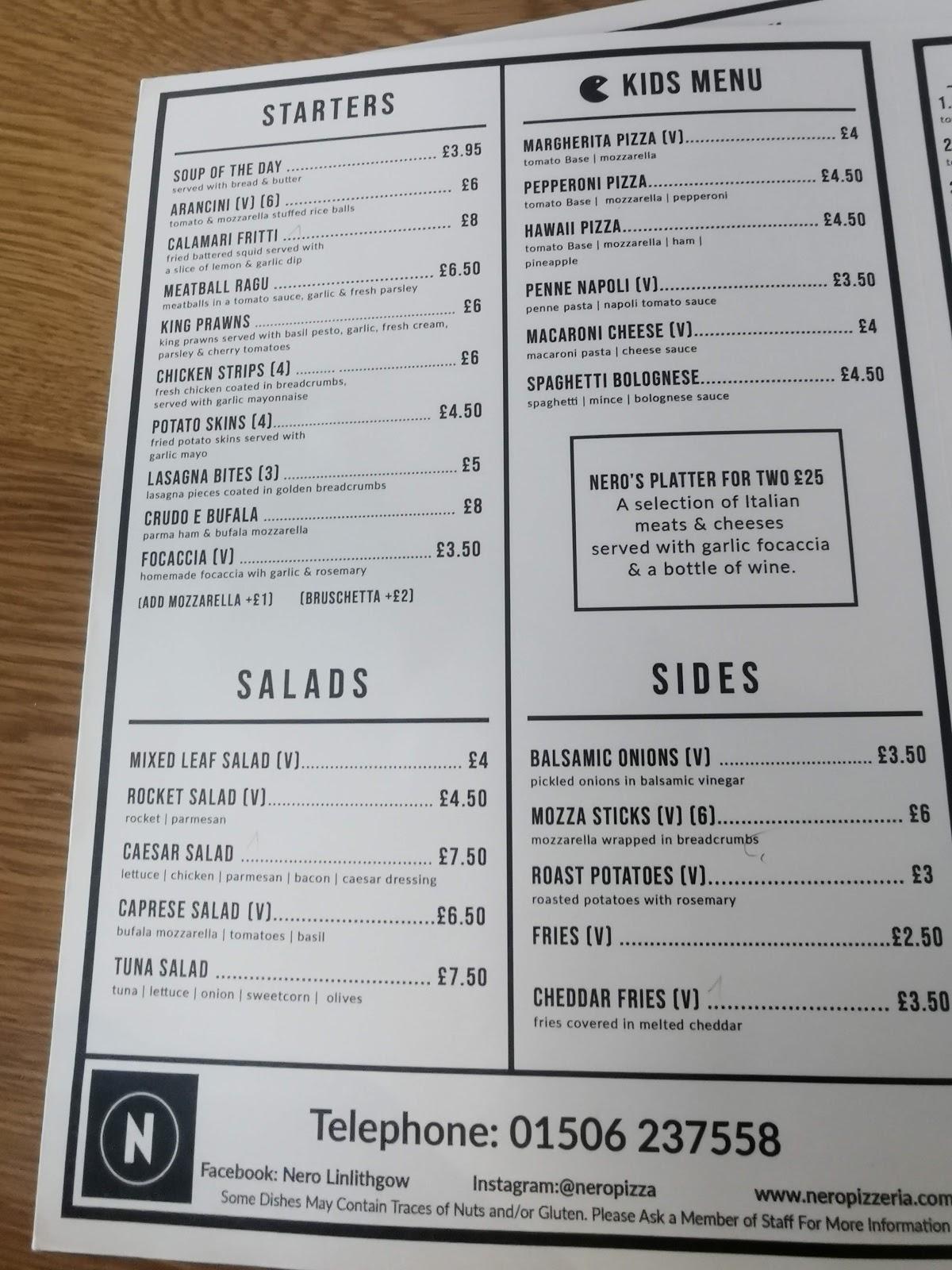 Menu at Nero Pizzeria, Linlithgow