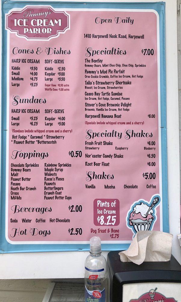 Menu at Pammy's ice cream PARLOR, Harpswell