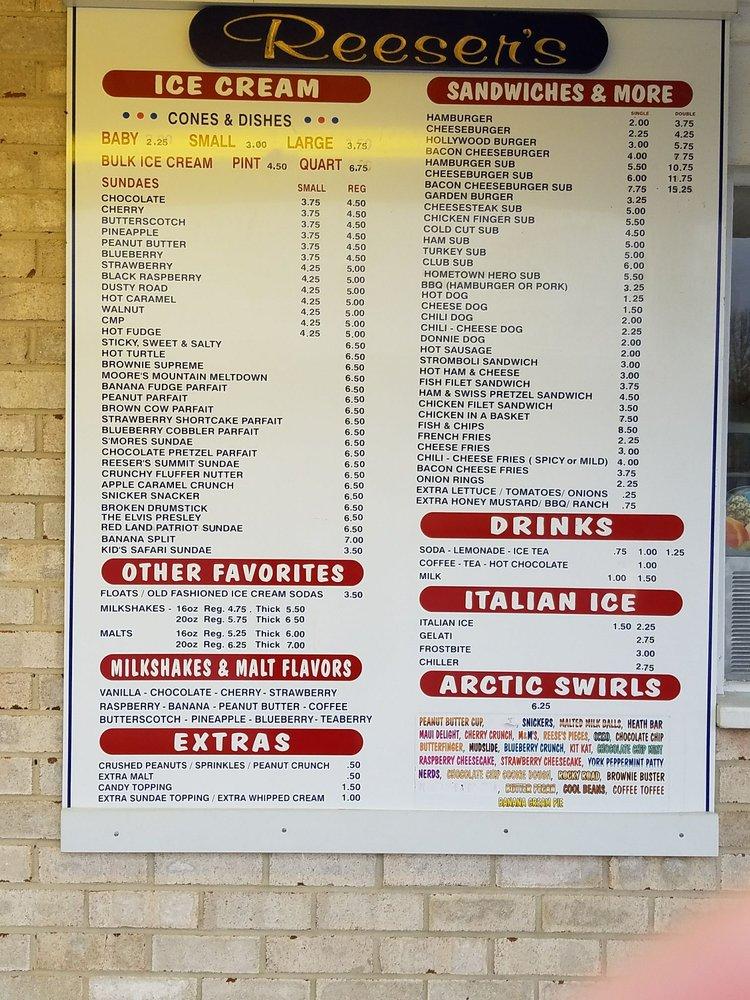 Menu at Reesers' Soft Ice Cream restaurant, Lewisberry