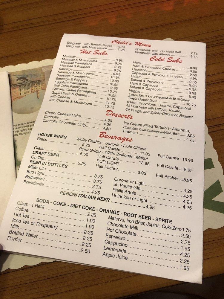Menu at Tony's Place pizzeria, Hialeah, NW 78th Ave
