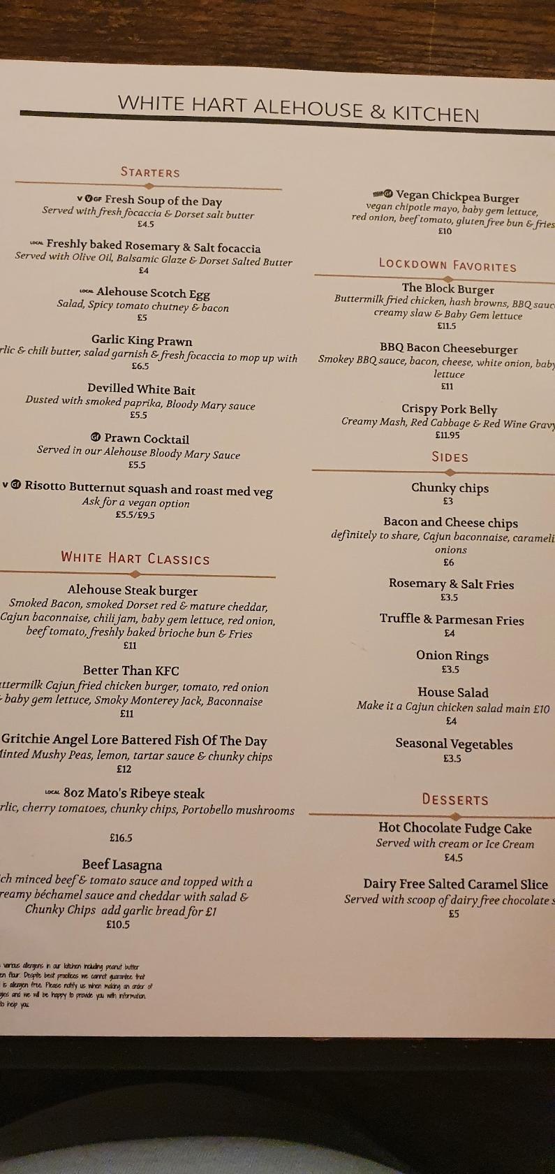 Menu at White Hart Alehouse pub & bar, Sturminster Newton