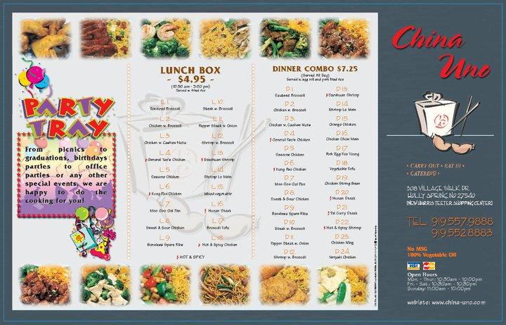 Menu at China Uno restaurant, Holly Springs, 308 Village Walk Dr