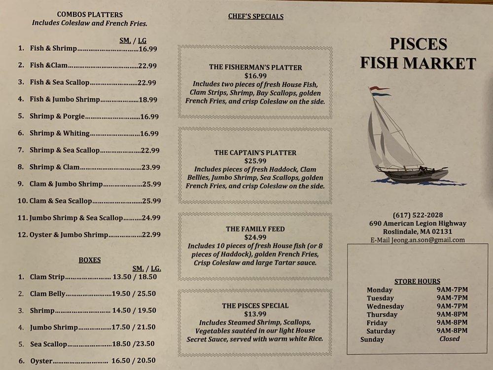 Menu at Pisces restaurant, Boston