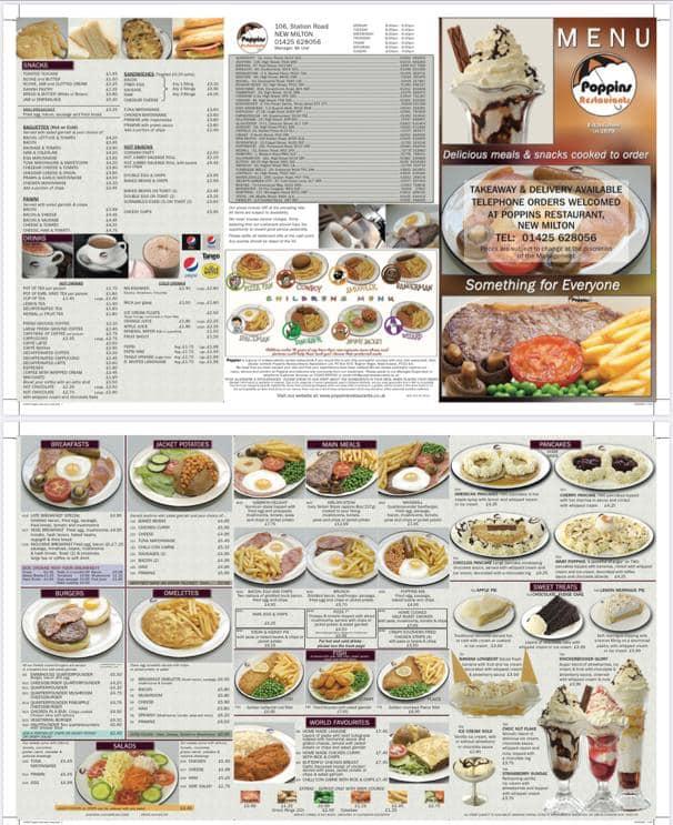 Menu at Poppins Restaurant, New Milton