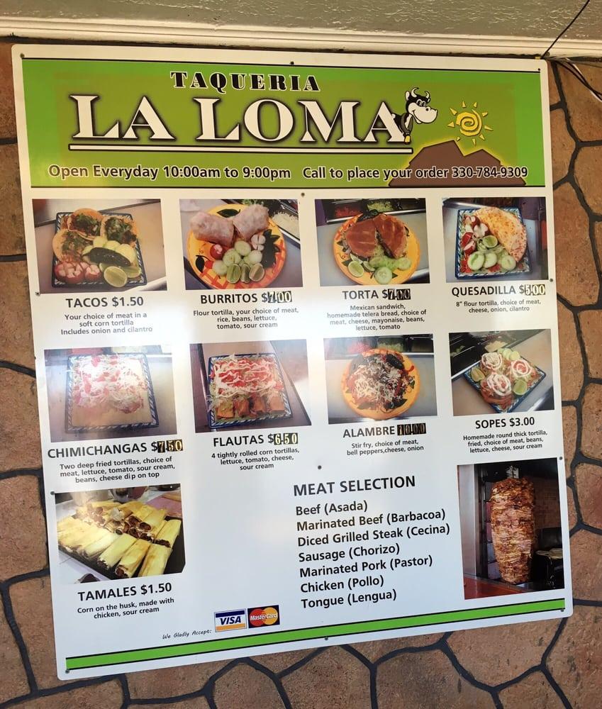Menu at Taqueria La Loma restaurant, Akron, 459 Darrow Rd