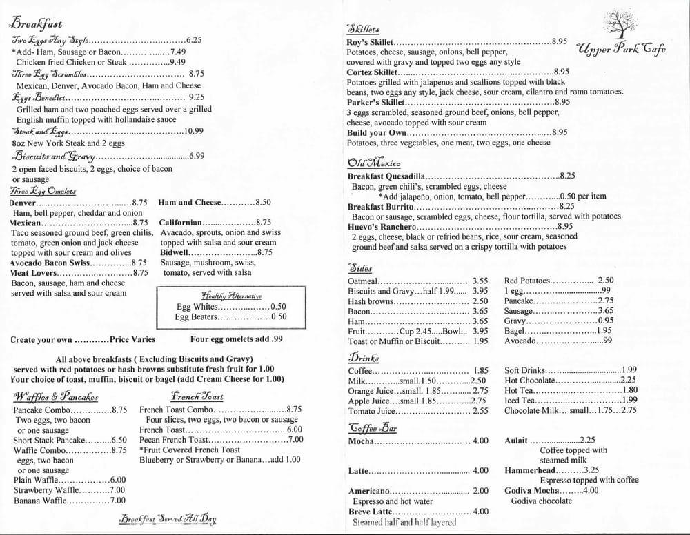 Menu at Upper Park Cafe, Aubrey