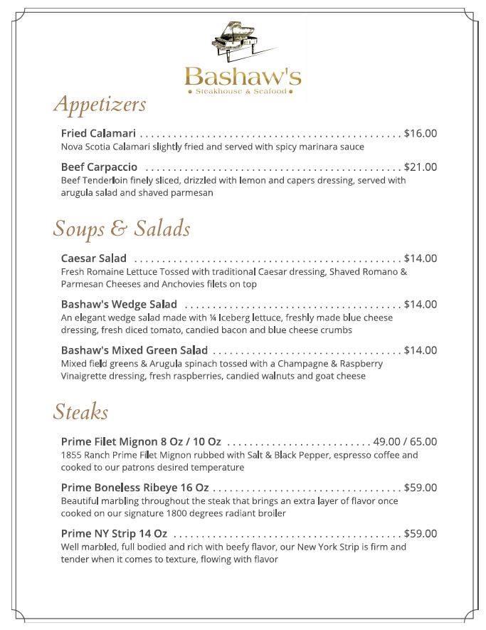 Menu at Bashaw's Steakhouse, Seafood and Live Music, Austin