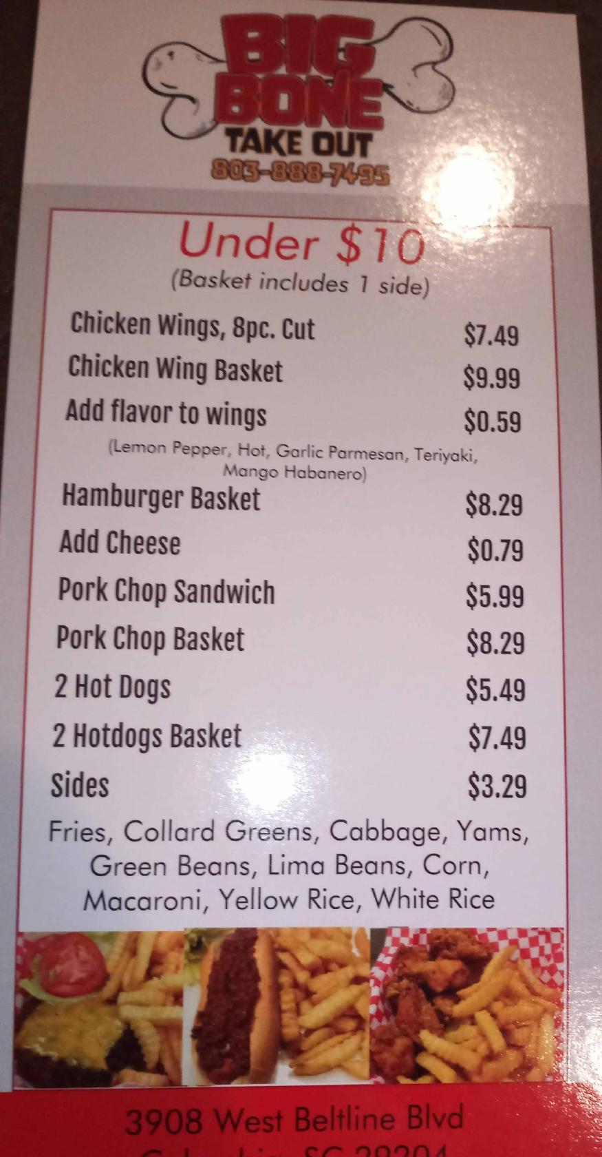 Menu at BIG BONE TAKE OUT restaurant, Columbia