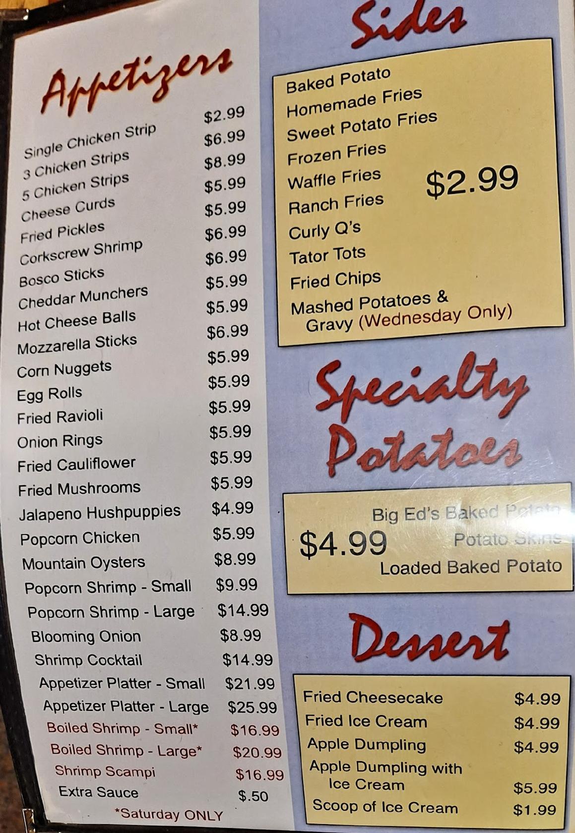 Menu at Big Ed's Steak House steakhouse, Thayer, 611 N Galveston St