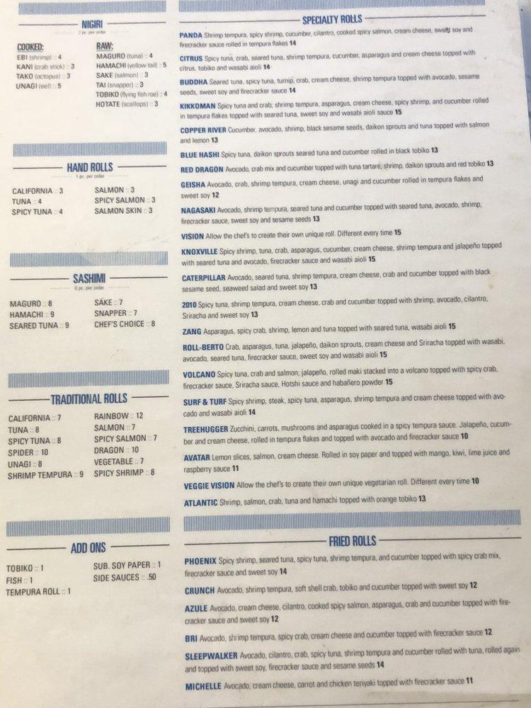 Menu at Blue Hashi restaurant, Idaho Falls