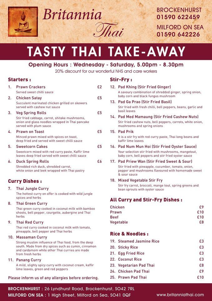 Menu at Britannia Thai restaurant, Lymington, 1 High St