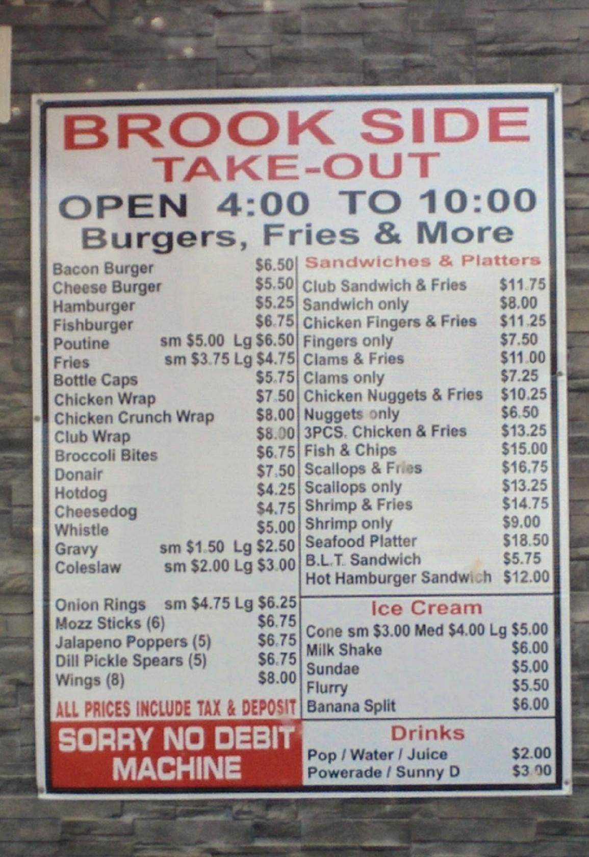 Menu at Brookside Take Out restaurant, Ingonish