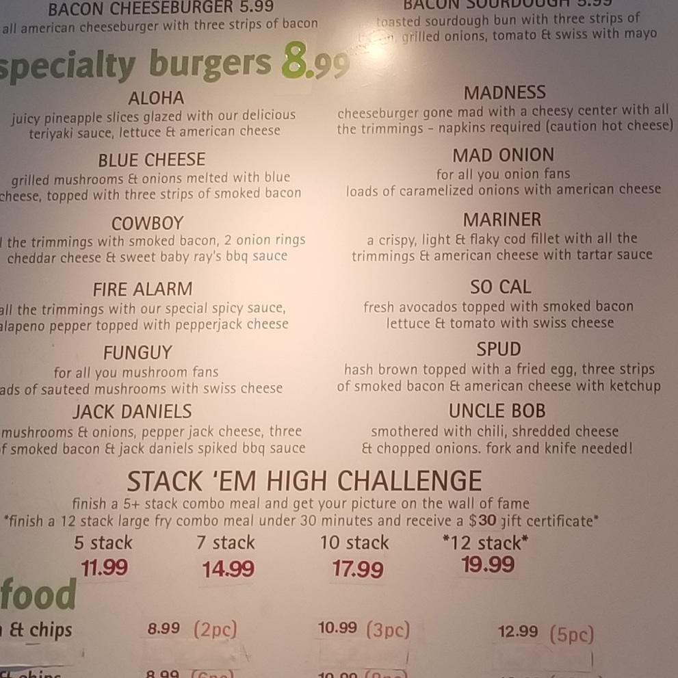 Menu at Burger Madness restaurant, Monroe