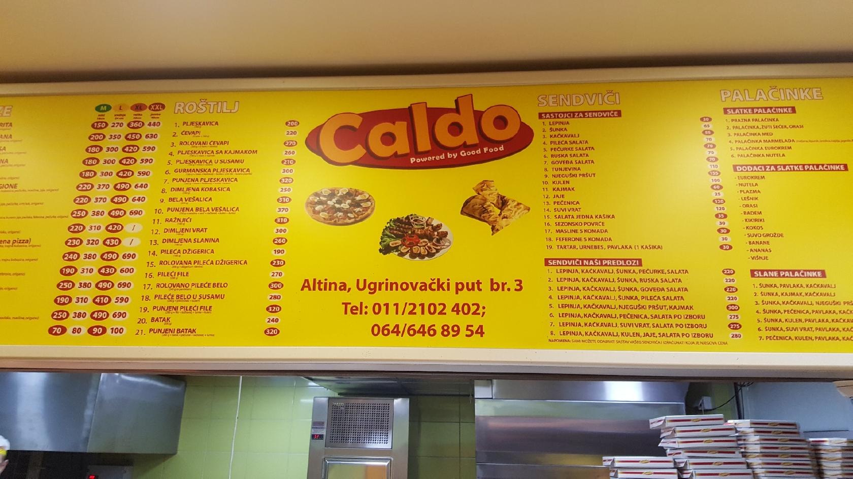Menu at Caldo Altina restaurant, Belgrade, Ugrinovački Put 3