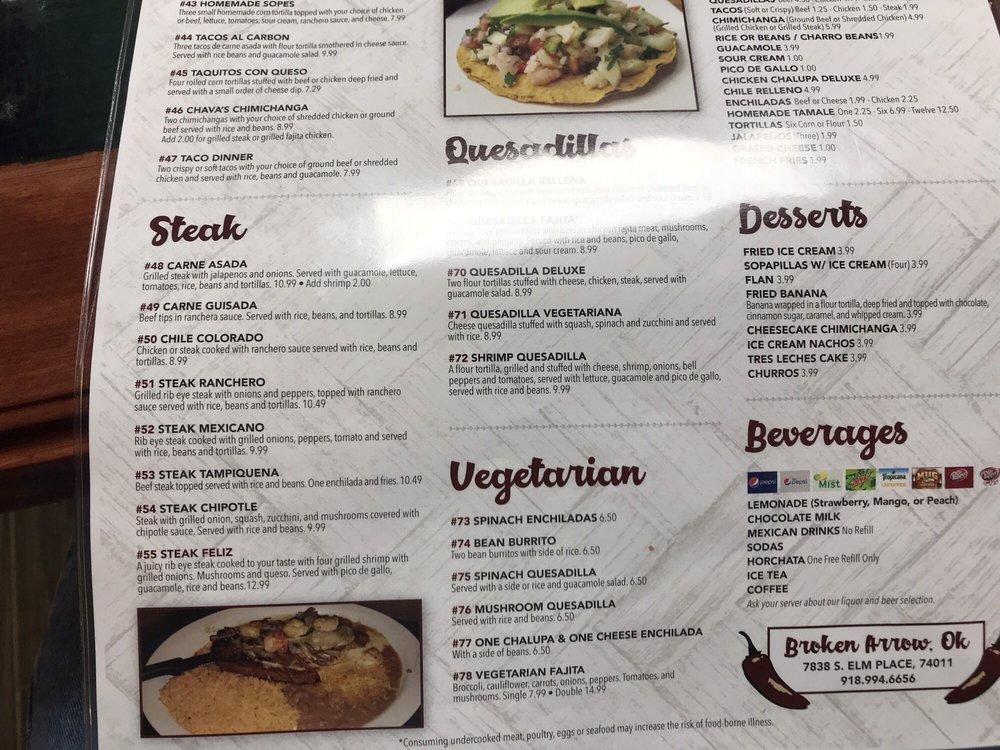 Menu at Chavas Mexican Restaurant, Broken Arrow