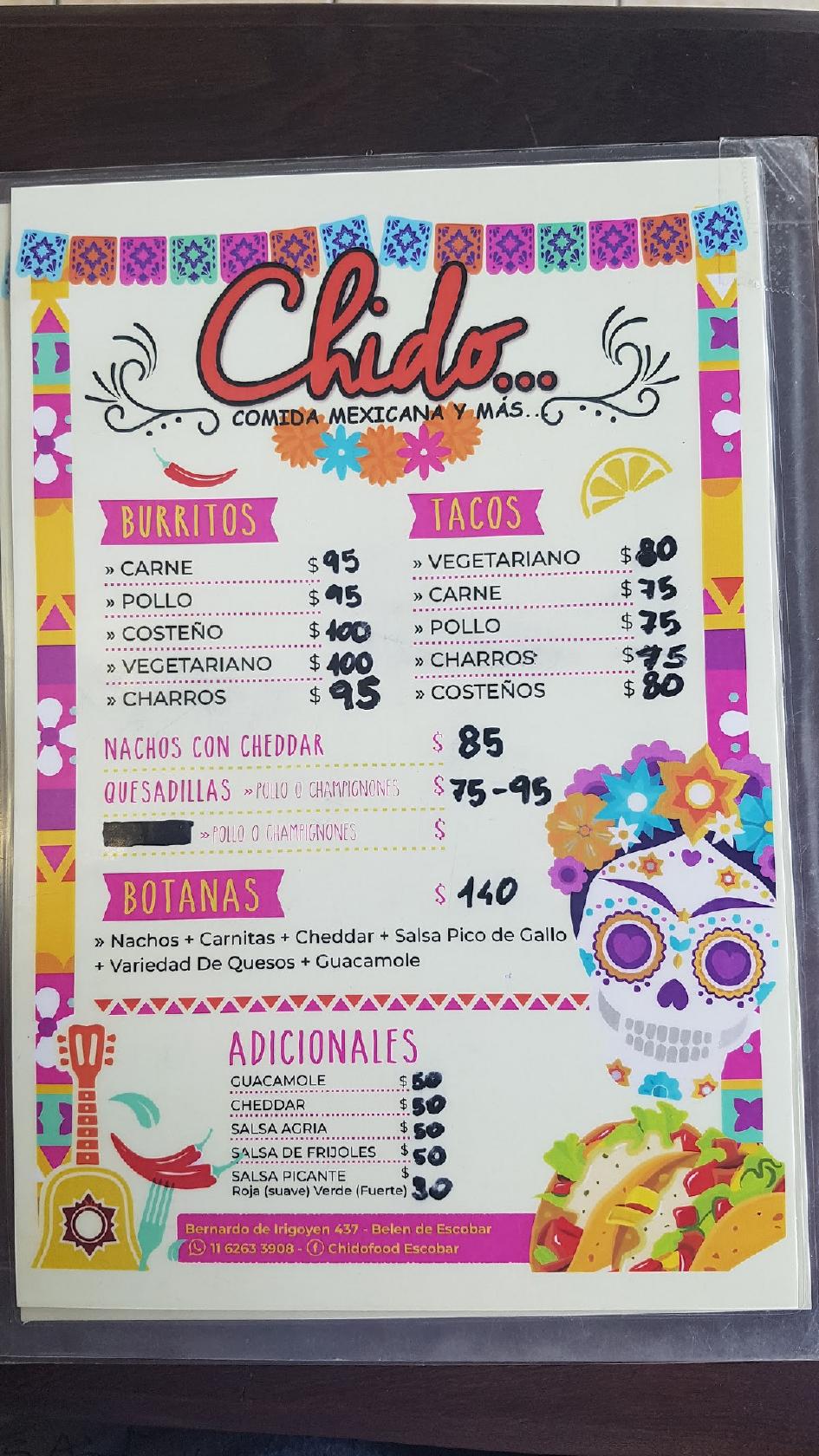 Menu at Chido (Antojitos Mexicanos) restaurant, Belén de Escobar