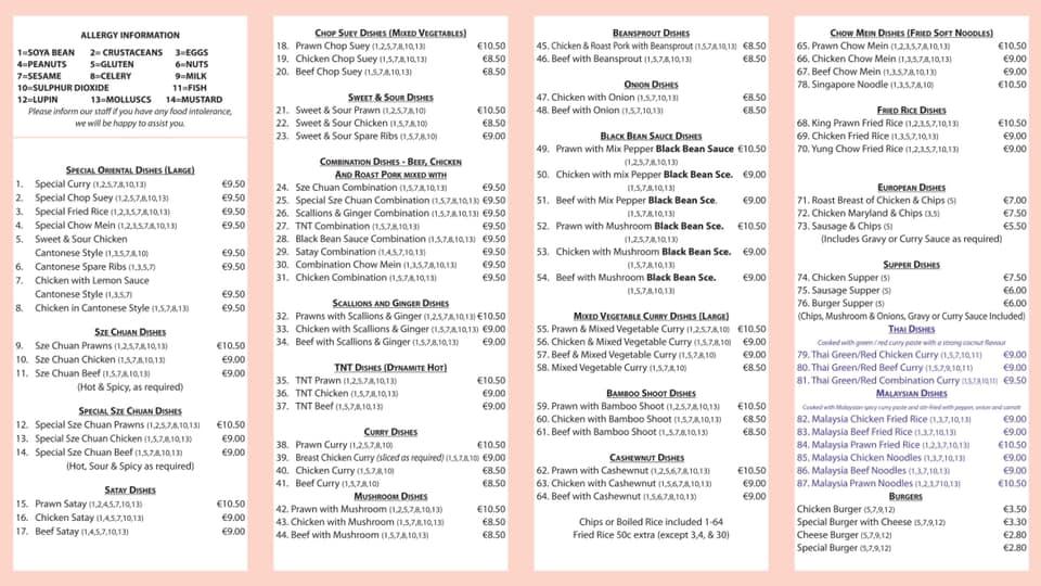 Menu at Chinese Palace Ardee fast food, Ardee, Bridge St