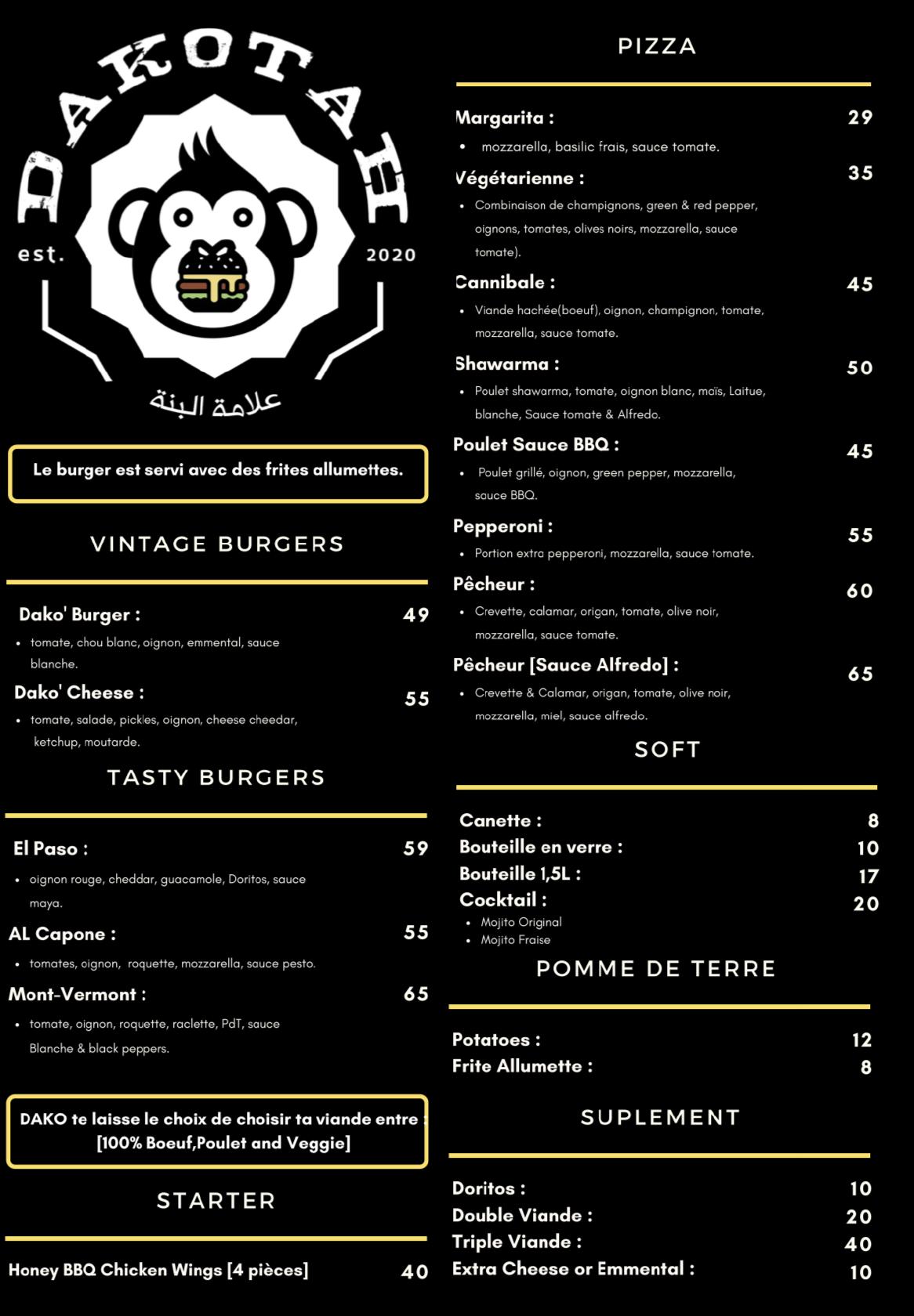 Menu at Dakotah restaurant, Tangier
