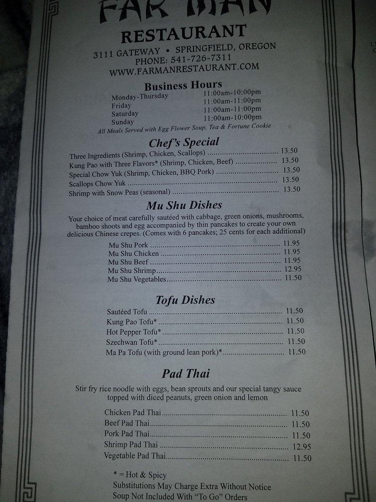 Menu at Far Man Restaurant, Springfield